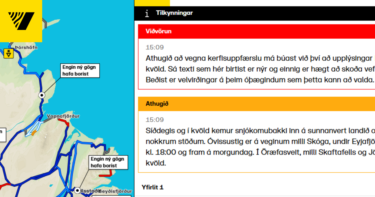 Upplýsingar á kortinu á umferdin.is uppfærast ekki – Vegagerðin